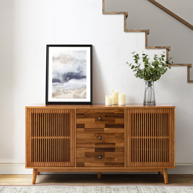 Arsula 58 Wide 3 Drawer Sideboard with Slatted Doors Wade Logan Color Acorn